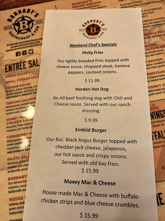 Weekend specials that make decision anxiety a real condition—Philly Fries and the Embiid Burger might require a coin toss.