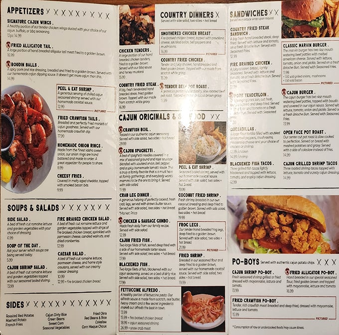 A menu that reads like a love letter to both Cajun cuisine and comfort food classics. Decision paralysis has never been so delicious.