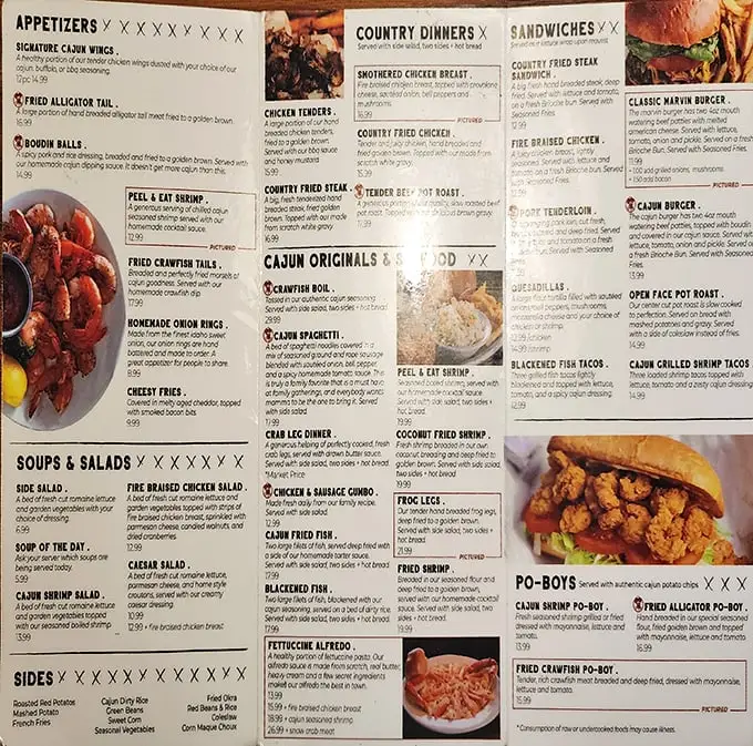 A menu that reads like a love letter to both Cajun cuisine and comfort food classics. Decision paralysis has never been so delicious.