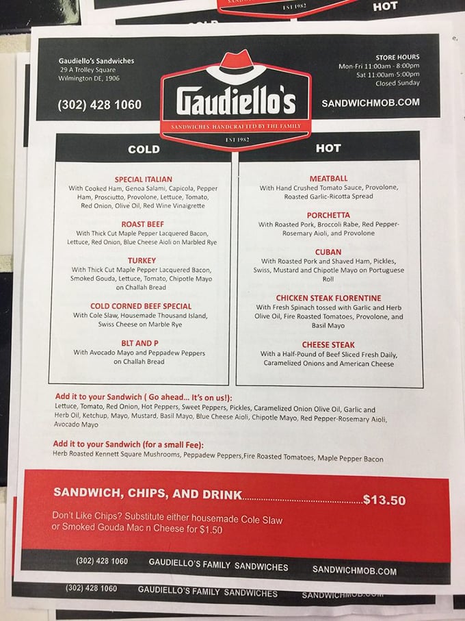 This menu isn't just a list – it's a roadmap to happiness. Each sandwich description reads like poetry to a hungry soul.