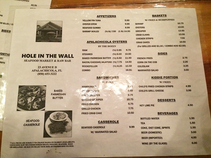 The menu reads like a love letter to the Gulf—Apalachicola oysters prepared six ways, grouper sandwiches, and seafood casseroles that make you question why you'd ever eat anything else.