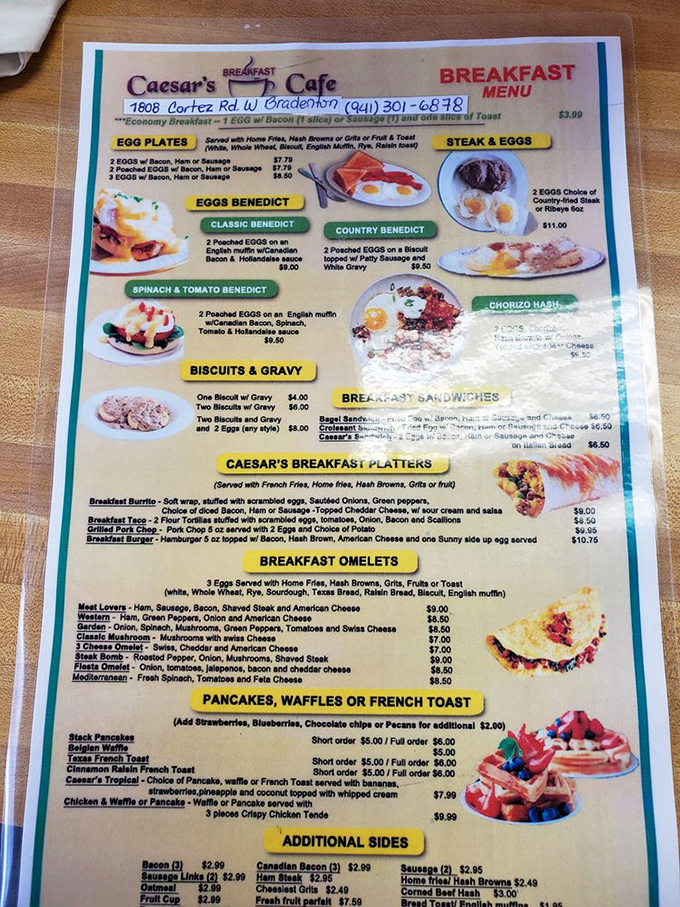 A menu that reads like breakfast poetry – eggs Benedict three ways, breakfast platters, and omelets that could make a morning person out of anyone.