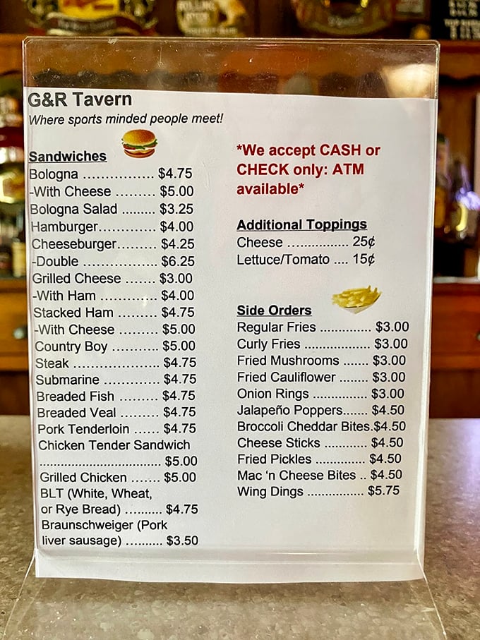 A menu that hasn't surrendered to inflation or fancy food trends – just honest tavern fare with the legendary bologna sandwich front and center.