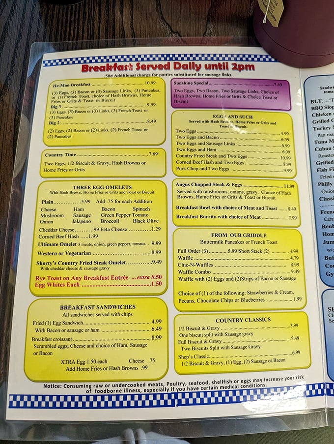 This menu is like a roadmap to happiness. The "He-Man Breakfast" isn't just a meal—it's a challenge worthy of champions.