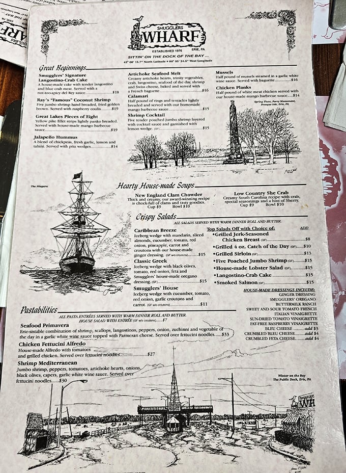 This isn't just a menu—it's a maritime treasure map where X marks the spot for that legendary She Crab soup.