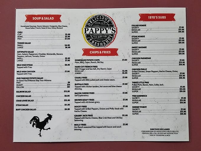 The menu at Pappy's reads like a love letter to comfort food classics. That rooster knows what's up. 