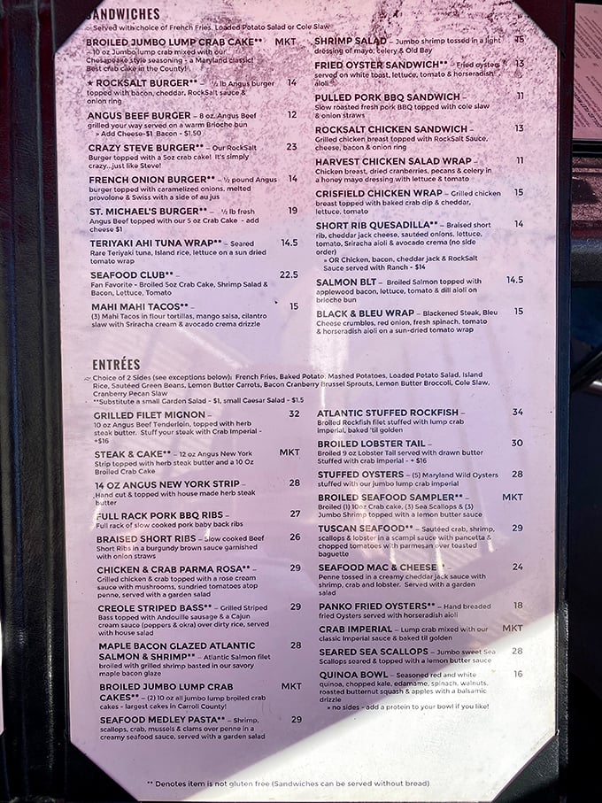 This menu reads like a love letter to the Chesapeake Bay. Those jumbo lump crab cakes aren't just a meal—they're Maryland on a plate.