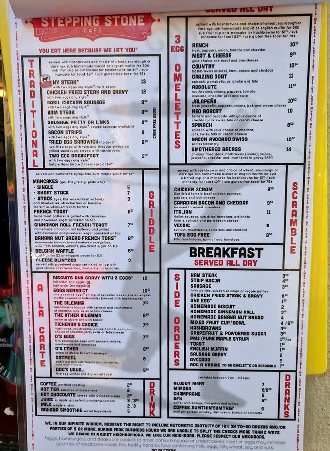A menu that doesn't just list food—it tells stories. "You eat here because we let you" isn't just sass, it's a philosophy.