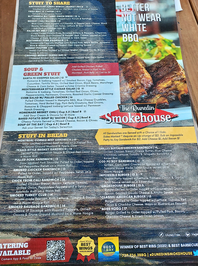 "Better not wear white BBQ" warns the menu, solid advice when diving into this treasure map of smoked delights. Each item promises a delicious adventure.