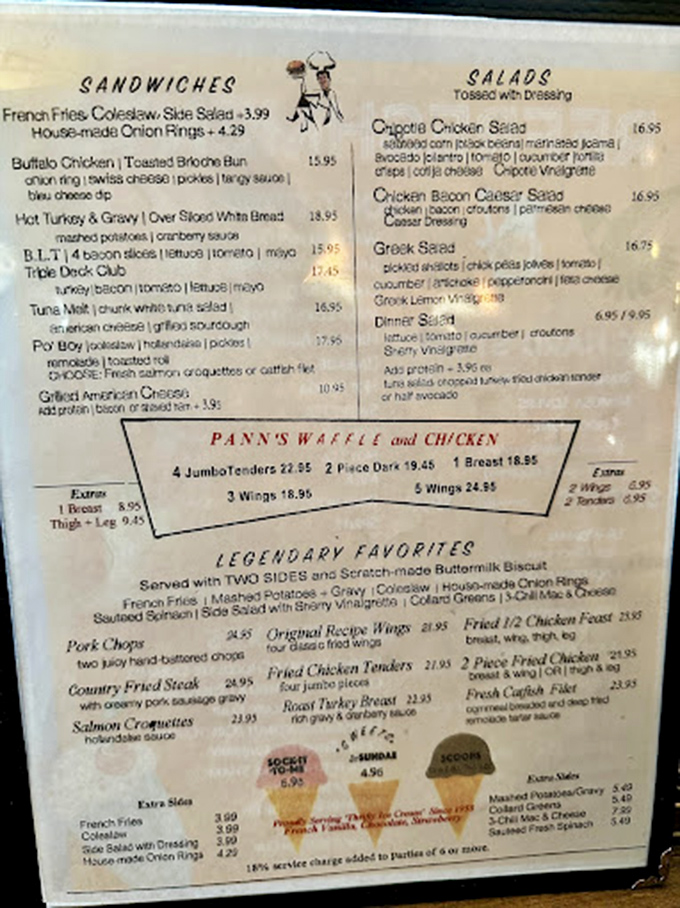 A menu that reads like a love letter to American classics—the chicken and waffles section practically winks at you.