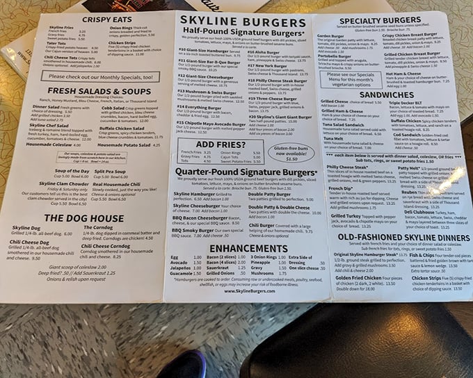 A menu that doesn't need a translator or a second mortgage. The "Enhancements" section is where burger dreams are upgraded to fantasies.