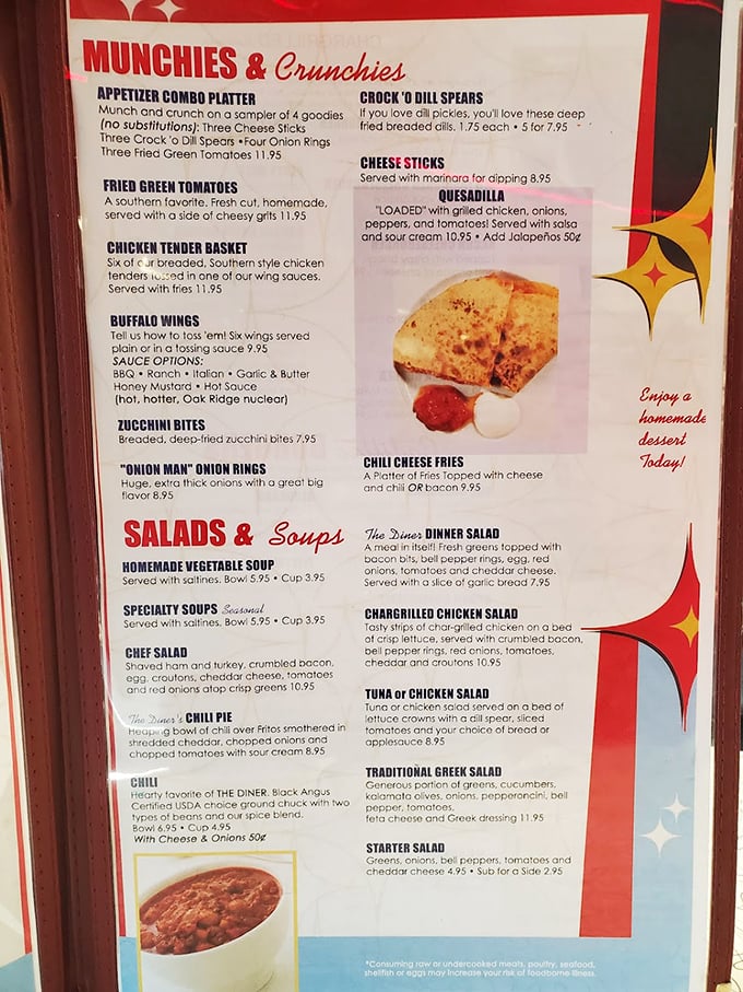 This menu isn't just a list of food—it's a roadmap to happiness. The "Munchies & Crunchies" section speaks to my soul on a spiritual level.