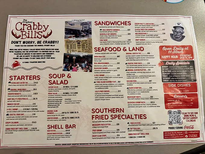 A menu that reads like a love letter to the Gulf of Mexico—where deciding between grouper and stone crab might be the hardest decision you'll make all vacation.