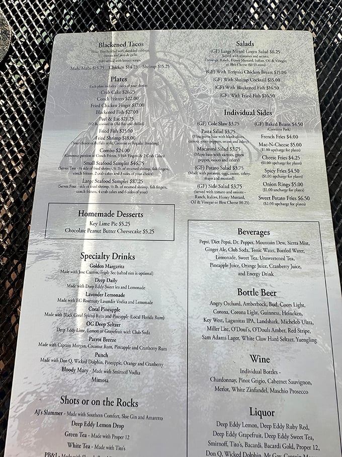 A menu that doesn't need fancy fonts or flowery descriptions—just the promise of fresh seafood that'll make you contemplate moving to the Keys.