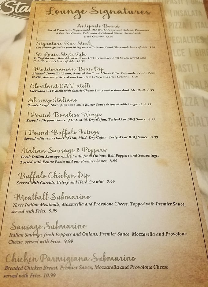 The lounge menu reads like a love letter to Italian-American classics, with that Cleveland CAV-atelli proving Ohioans take both pasta and basketball seriously.