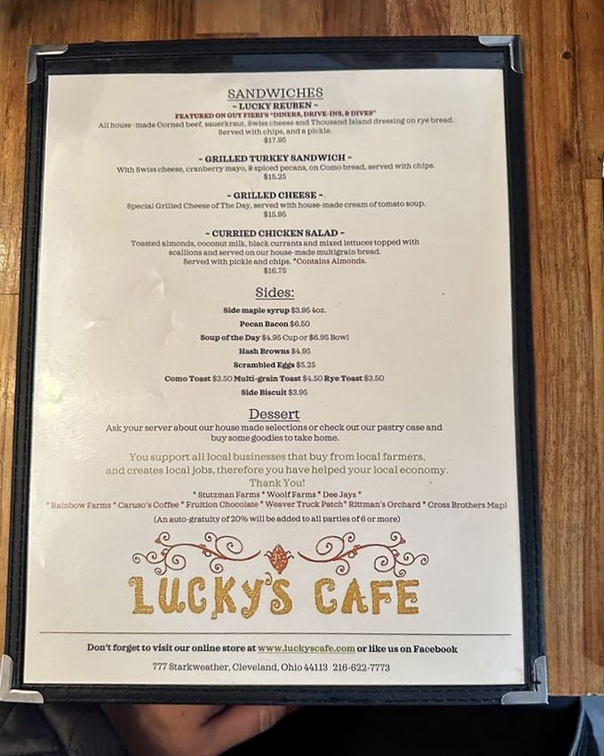 The menu reads like a love letter to comfort food – notice that pecan bacon hiding modestly among the sides, plotting to change your life.