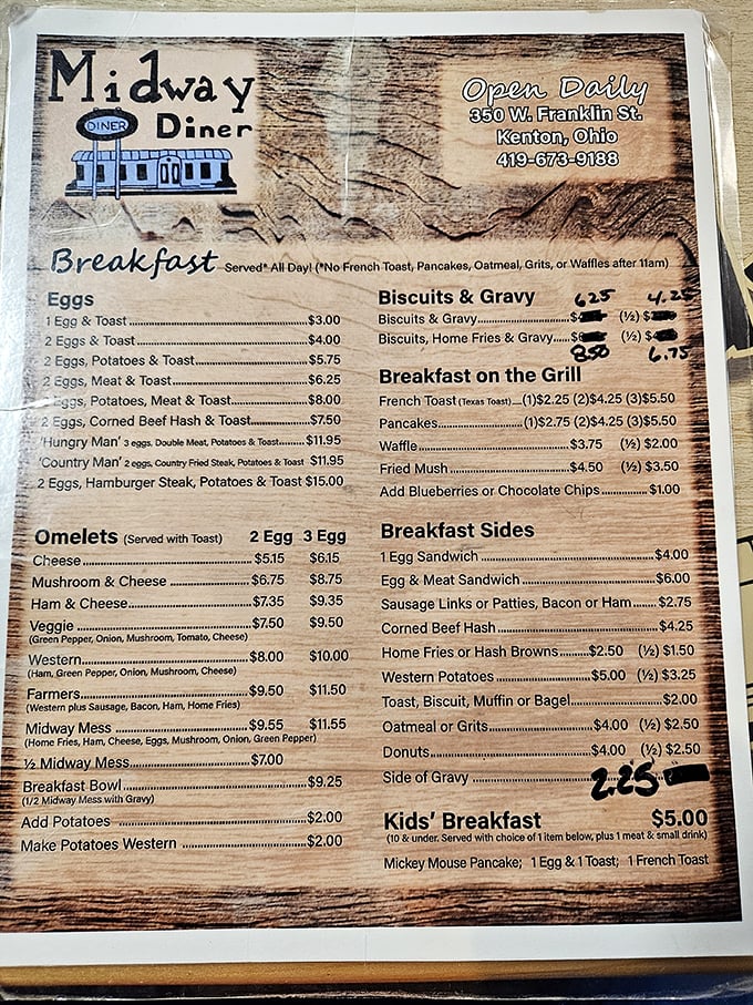 The well-worn menu tells the whole delicious story—breakfast served all day with omelets taking center stage in this small-town culinary theater.