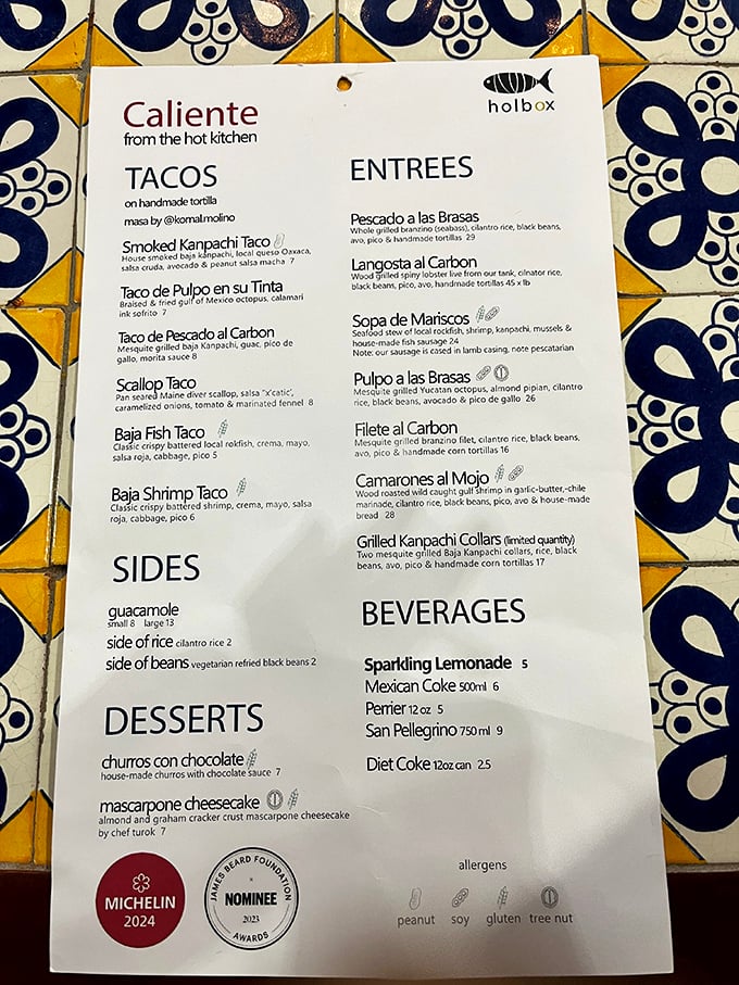 This isn't just a menu—it's a maritime treasure map. Each item promises a different adventure, with the octopus tacos serving as X-marks-the-spot.
