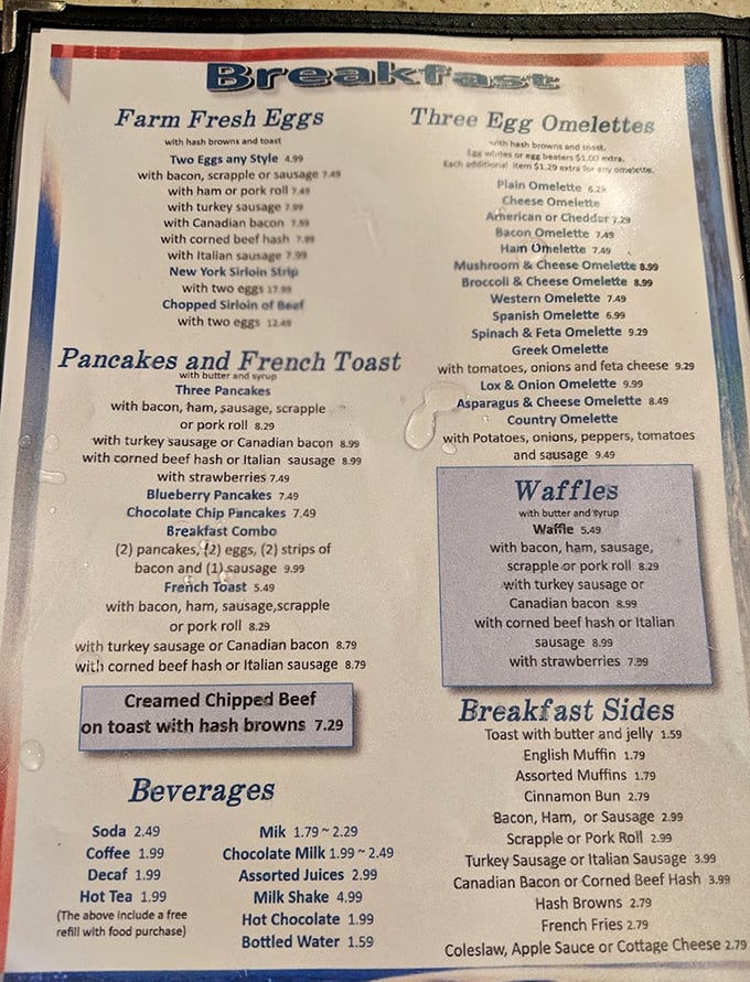 The breakfast menu reads like poetry to hungry souls—a laminated promise of comfort that spans generations.