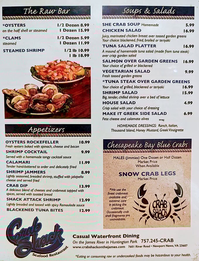 This menu isn't just a list of options—it's a treasure map to Chesapeake Bay's finest bounty. The She Crab Soup alone is worth the drive.