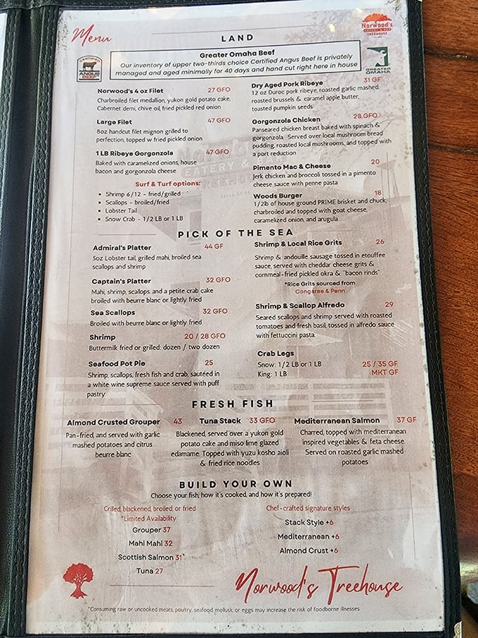 This isn't just a menu—it's a treasure map where X marks the spot for everything from prime steaks to seafood that was swimming this morning.