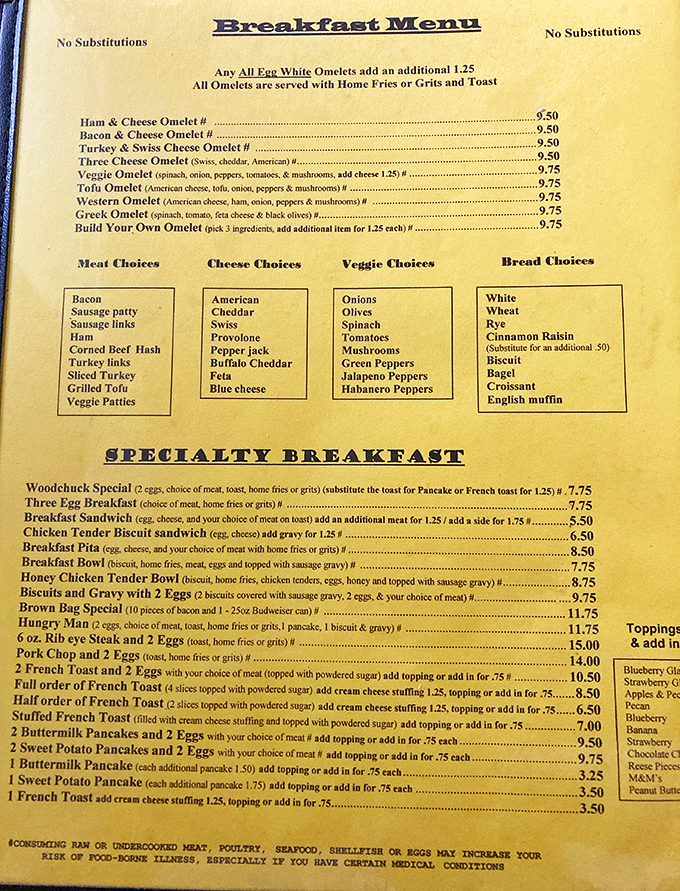 The breakfast menu reads like a love letter to morning indulgence—omelets, pancakes, and specialties that make hitting the snooze button a cardinal sin.