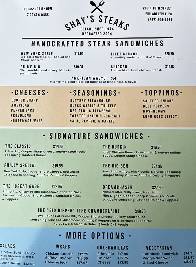 The menu reads like a love letter to premium ingredients—where else can you find American Wagyu and filet mignon sharing space with classic cheesesteak options?