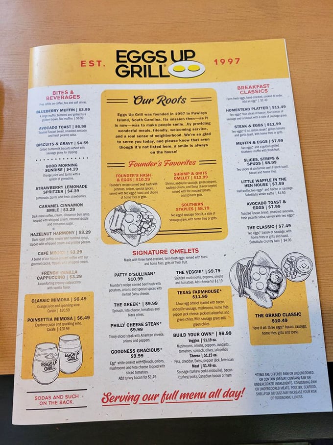 Menu decisions at Eggs Up Grill are like choosing between vacation destinations – they all look amazing. The Founder's Hash is calling my name!