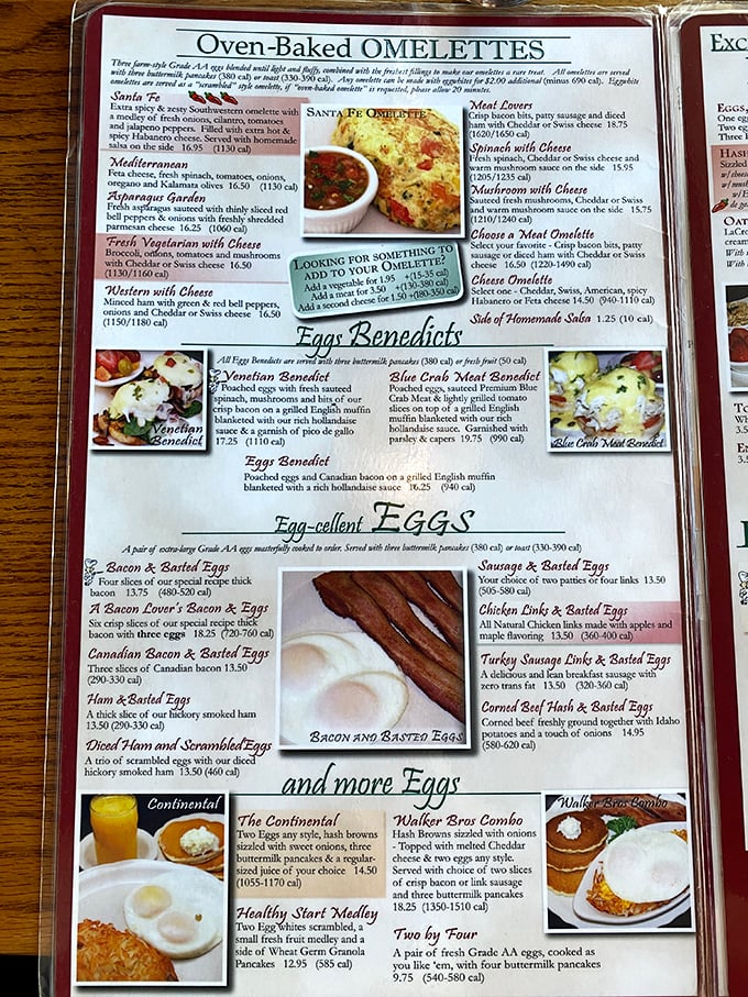 The menu reads like breakfast poetry – omelets that defy gravity, benedicts that make mornings worthwhile, and pancakes that have launched a thousand return visits.