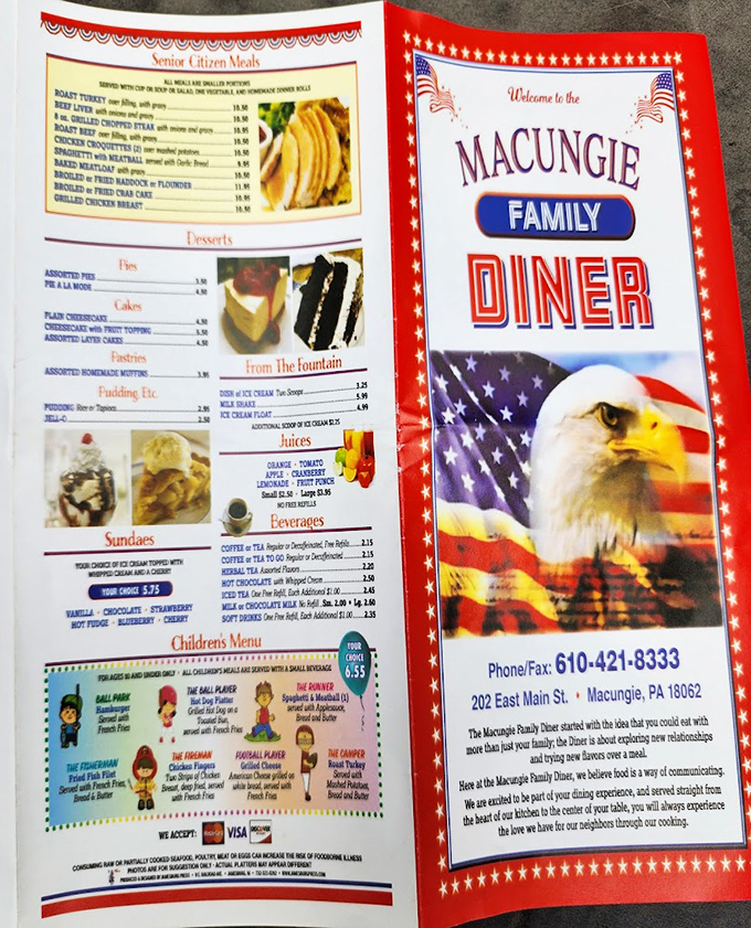 This isn't just a menu – it's a roadmap to comfort. Patriotic design meets hearty offerings that promise to satisfy both nostalgia and appetite.