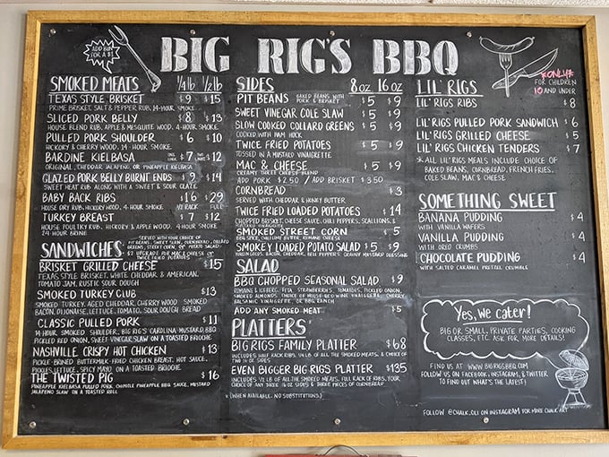 The chalkboard menu reads like a carnivore's dream journal, offering everything from Texas-style brisket to twice-fried loaded potatoes. Decisions, decisions!