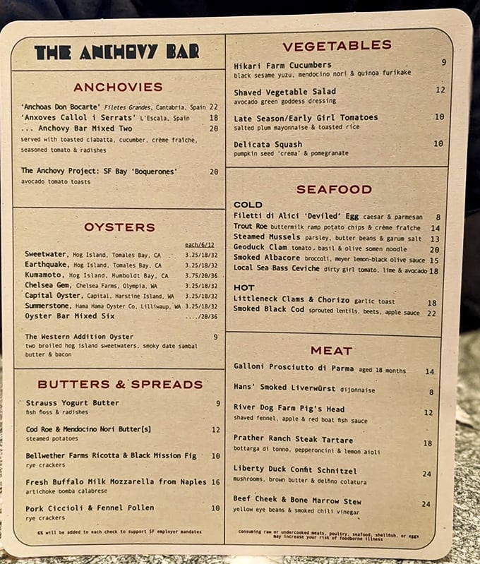 This menu isn't just a list—it's a maritime treasure map. Each category promises adventure, from Spanish anchovies to bone marrow stew. Decision paralysis has never been so delicious.