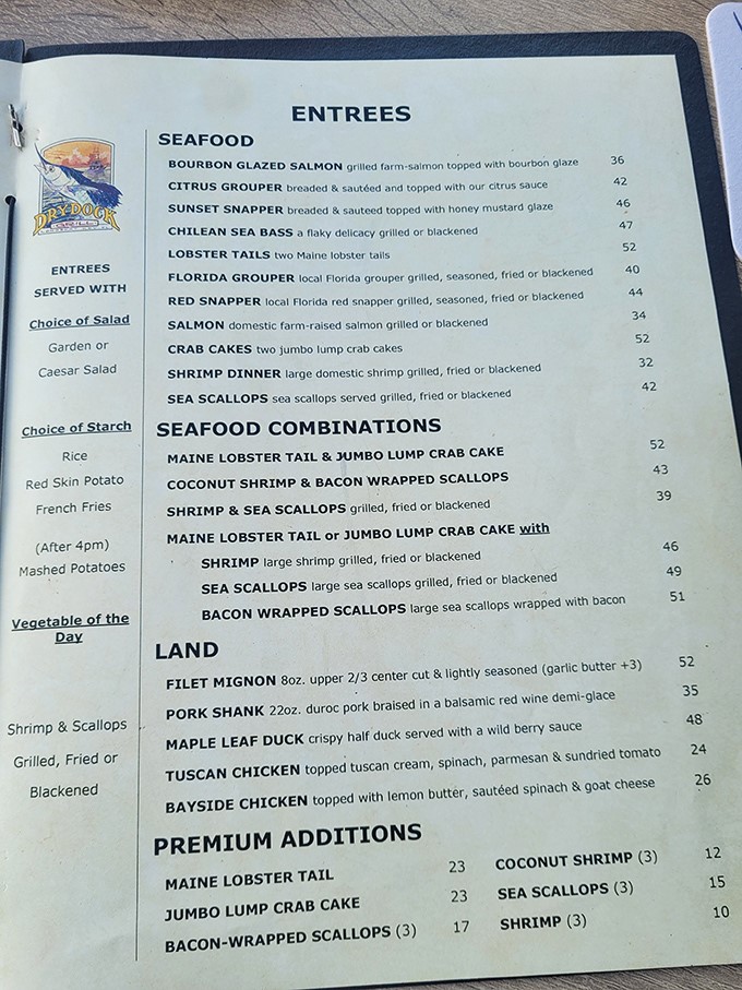 A menu that reads like poetry to seafood lovers—notice how the "Land" section is appropriately dwarfed by oceanic offerings.