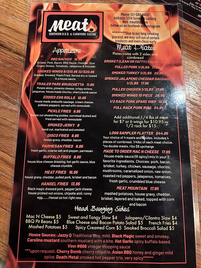 This menu isn't just a list—it's a carnivore's bucket list. From "Death Metal" sauce to "Meat Mountain," they're not mincing words or meats.