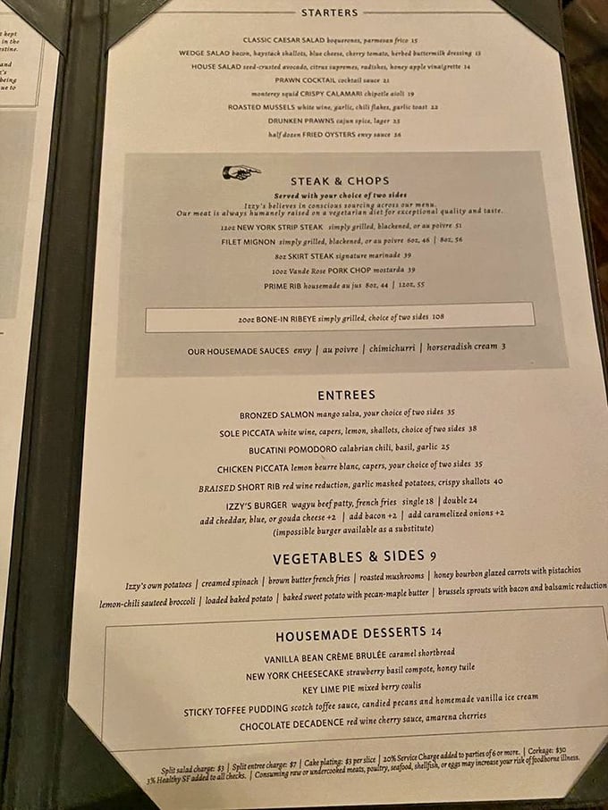 This isn't just a menu – it's a roadmap to carnivorous paradise, featuring prime rib that's worth writing home about.