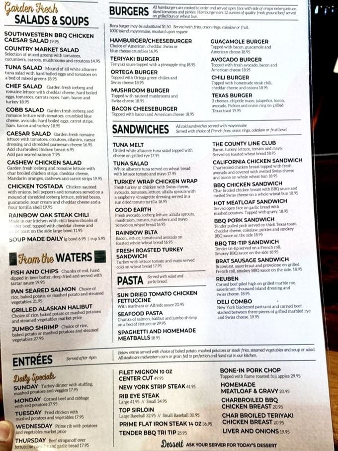This isn't just a menu – it's a roadmap to happiness with detours through burger country, sandwich valley, and the glorious mountain of chicken fried steak.