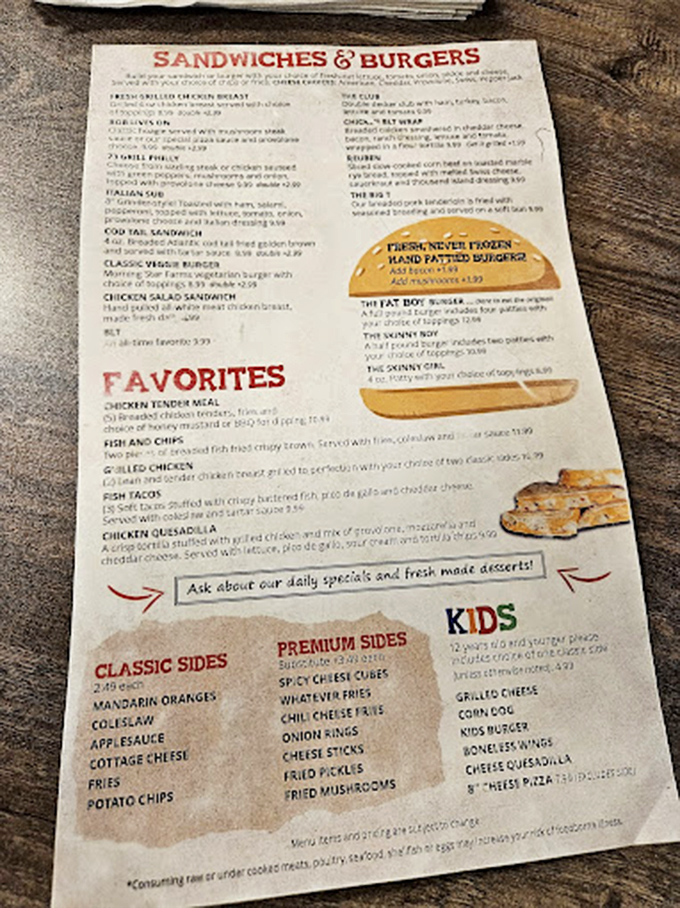 A menu that reads like a love letter to American comfort food. No molecular gastronomy here, just honest dishes that satisfy the soul.
