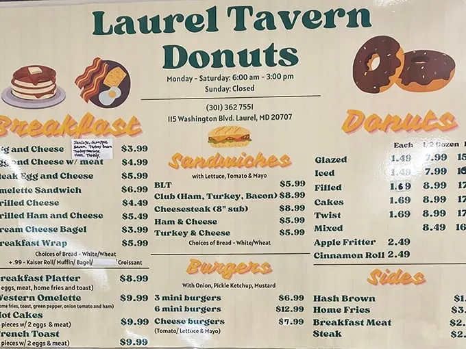 The menu board tells a story of American breakfast classics. Notice how "Donuts" gets top billing, like the headliner at a delicious concert.
