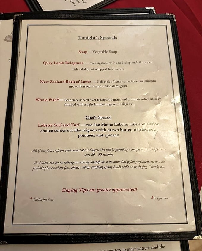 The menu reads like a libretto of Italian classics, with a footnote revealing the true magic: your servers are professional opera singers!
