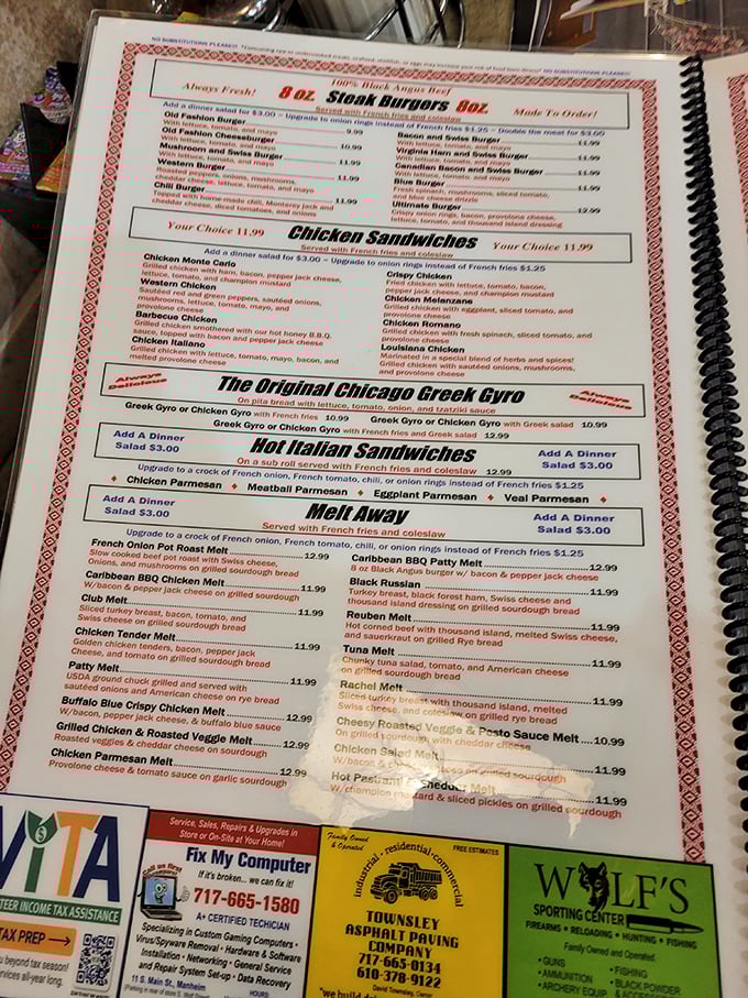 A menu that doesn't mess around—burgers, melts, and sandwiches galore. Decision paralysis has never been so deliciously rewarding.