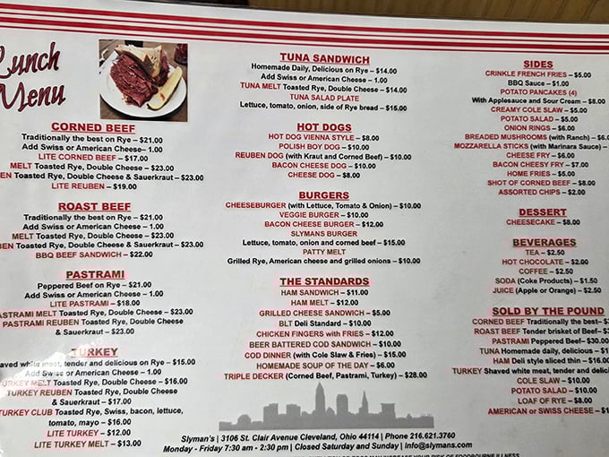 This menu isn't just a list of options—it's a roadmap to happiness. The corned beef section alone deserves its own ZIP code.
