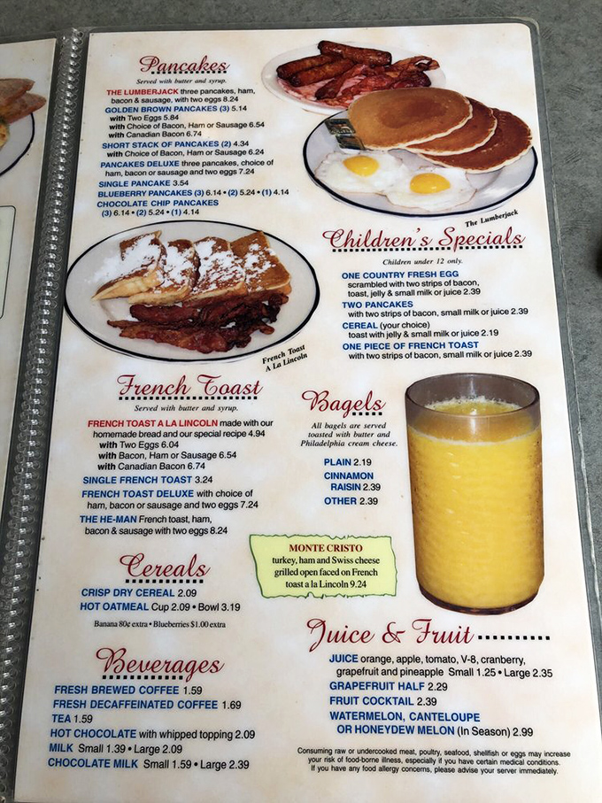 This menu isn't just a list of food—it's a roadmap to happiness with landmarks like "The Lumberjack" and "Monte Cristo" guiding your journey.