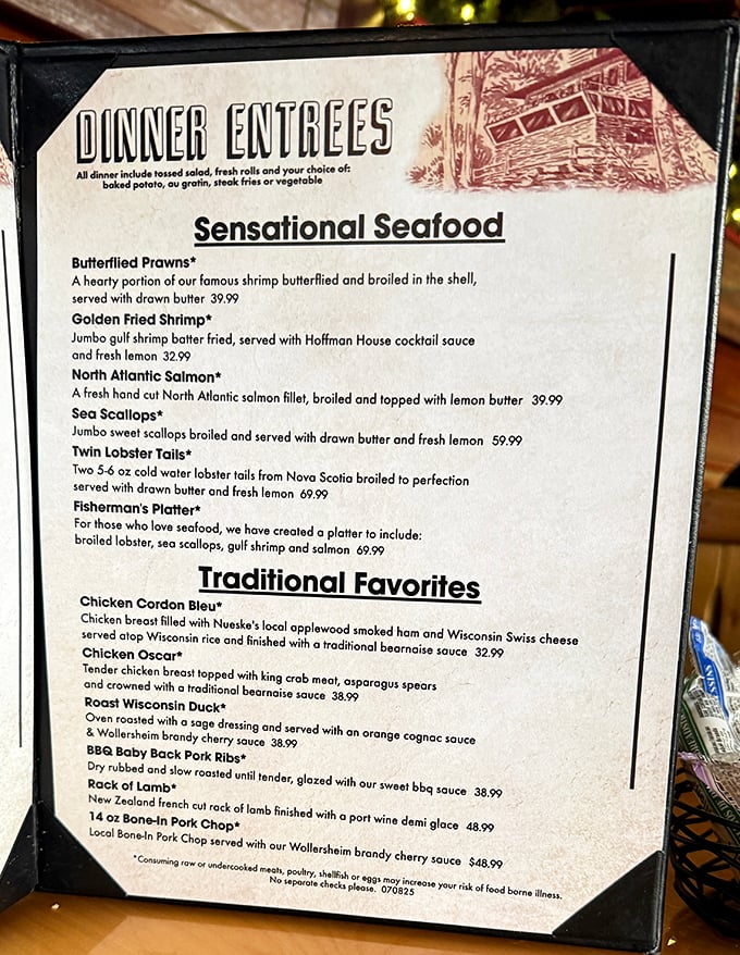 This isn't just a menu—it's a love letter to classic supper club cuisine, where seafood and traditional favorites compete for your affection.