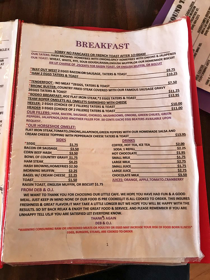 This isn't just a menu—it's a roadmap to comfort. The "Tenderfoot" breakfast might be for beginners, but the "Rodeo" is for champions.