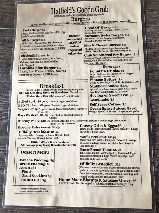 This menu isn't just a list of food – it's a roadmap to happiness with stops at "Hillbilly Benedict" and "Fued N Burger."