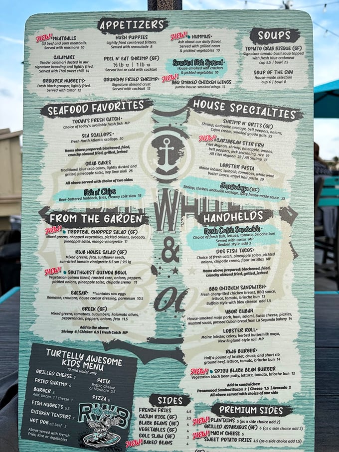 This menu isn't just a list—it's a maritime treasure map where X marks the spot for seafood nirvana. The "Turtelly Awesome" kids' section? Genius!