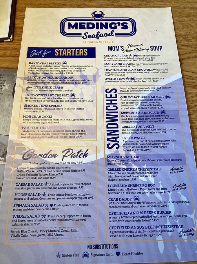This menu isn't just a list of options – it's a maritime treasure map where X marks the spot for those legendary crab cakes.