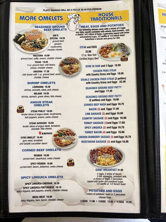 The menu reads like breakfast poetry—a sonnet to eggs, a haiku to hash browns, and an epic ode to omelets that would make Homer hungry.