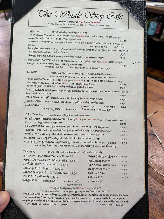 This menu isn't just a list of dishes—it's a love letter to Southern cuisine. Notice that prayer at the bottom? That's Georgia hospitality in written form.