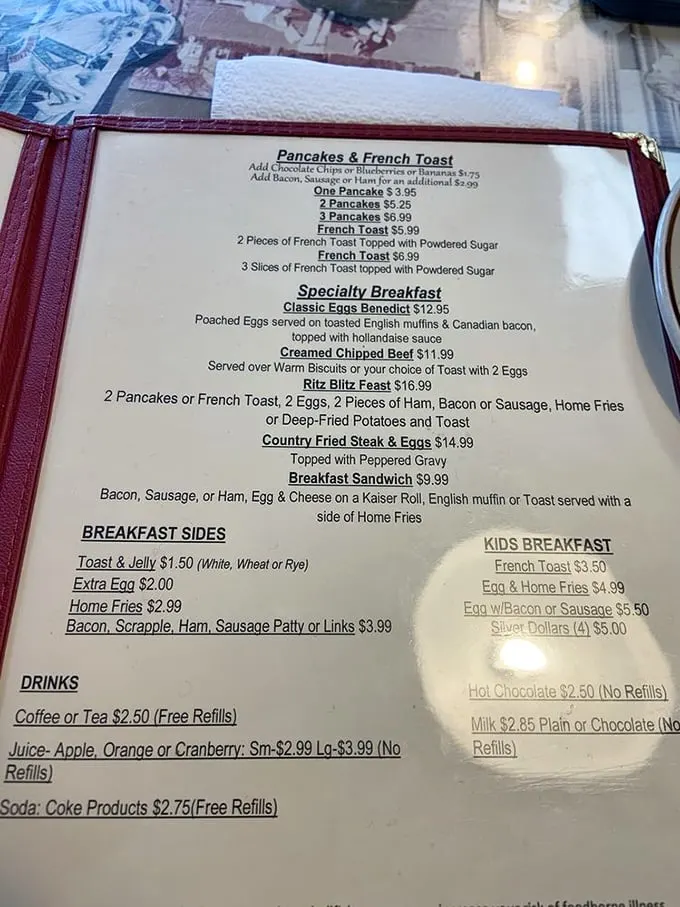 A breakfast menu that reads like poetry to hungry souls. The Ritz Blitz Feast isn't just a meal—it's a morning manifesto.